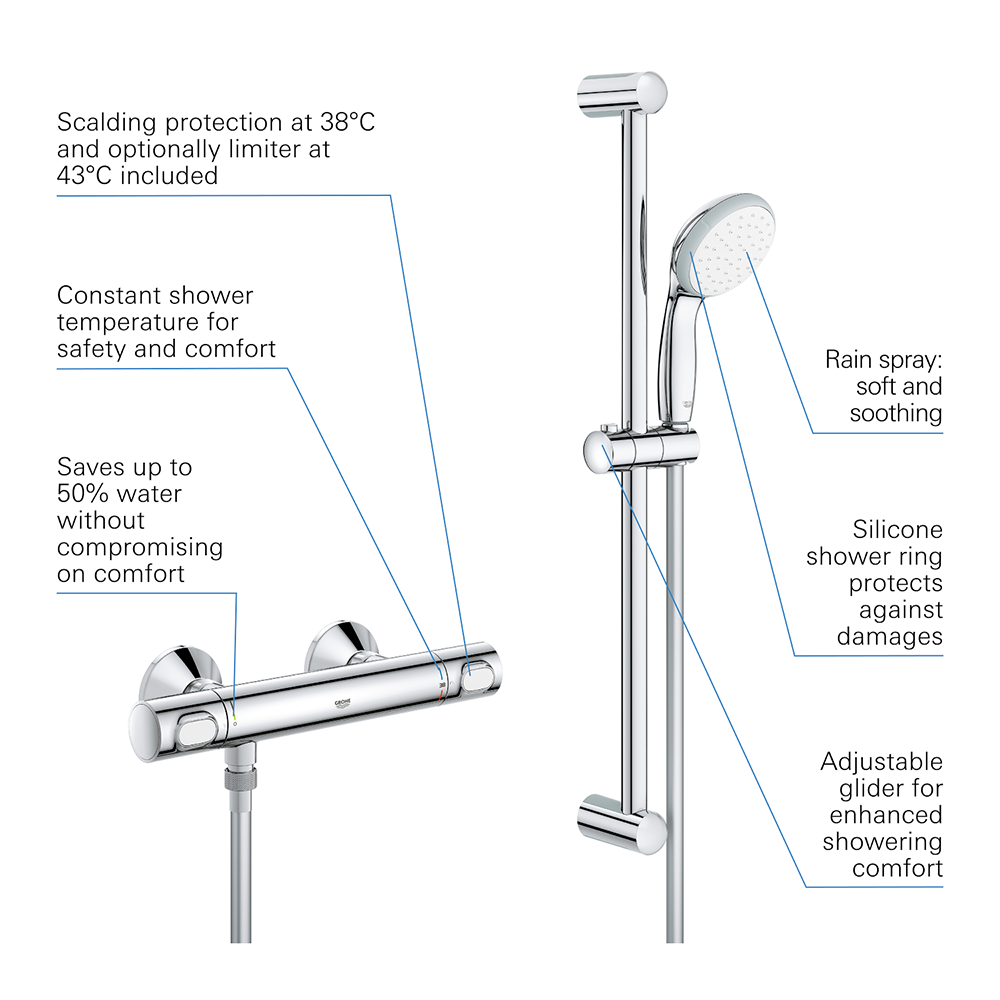 Grohe Precision Flow Thermostatic Shower Mixer 1/2" with Shower Set ...
