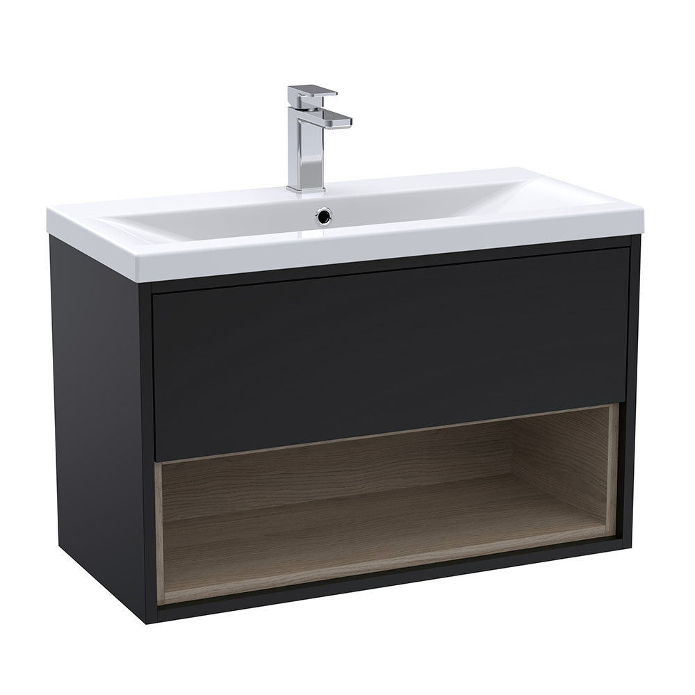 Arezzo Senza 800mm Matt Black / Vicenza Oak Wall Hung Vanity Unit with ...