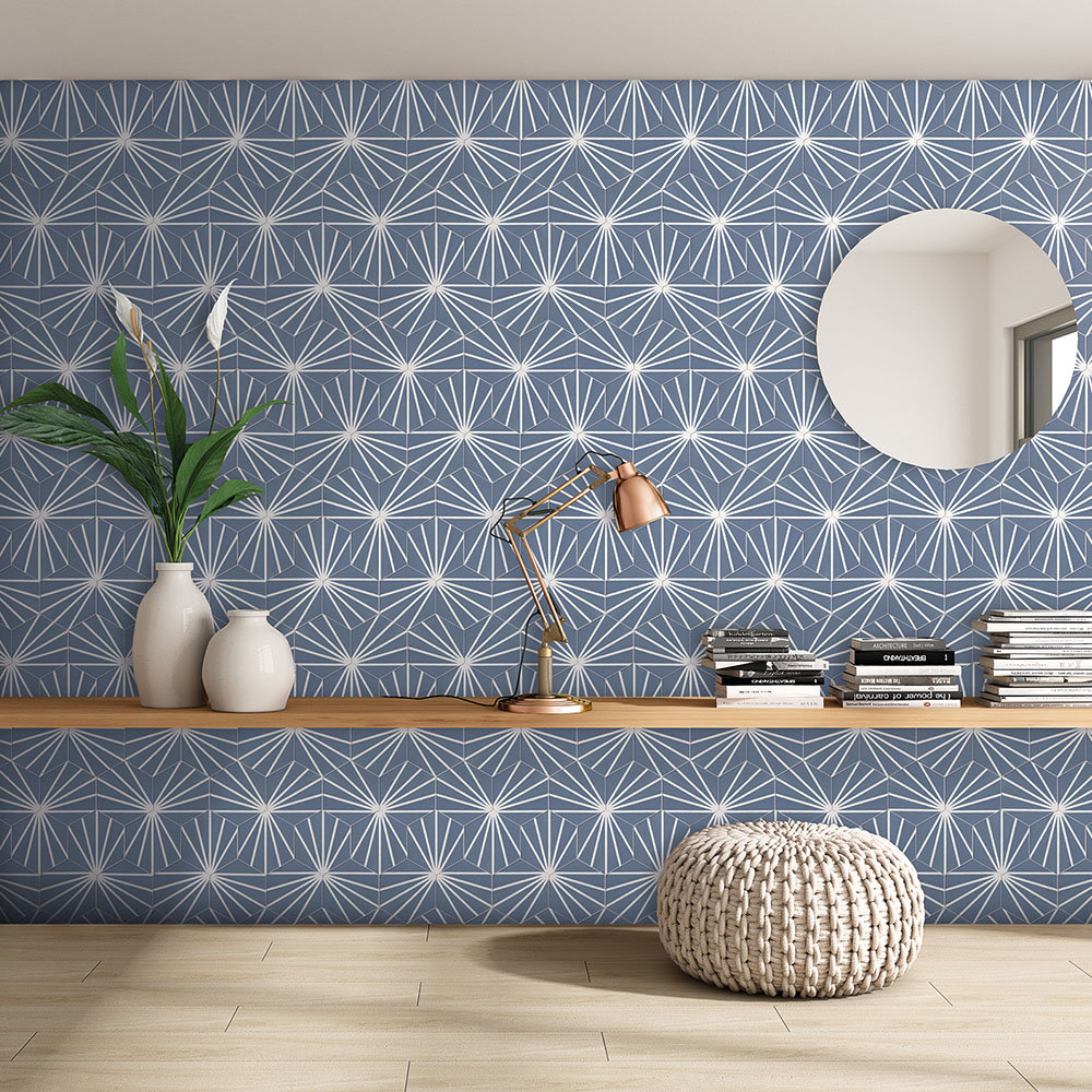 Belmont Hexagon Blue with White Lines Wall and Floor Tiles