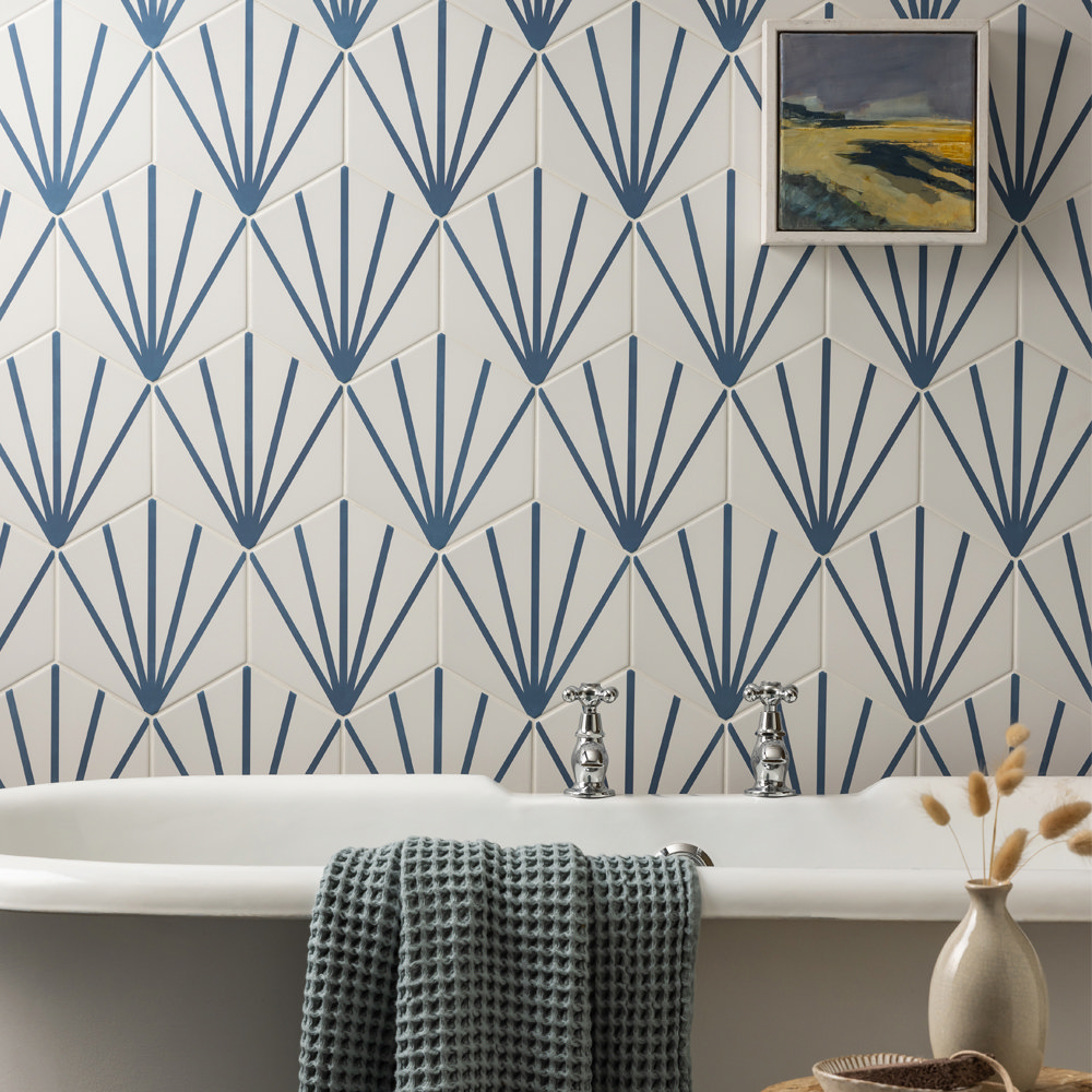 Belmont Hexagon White with Blue Lines Wall and Floor Tiles