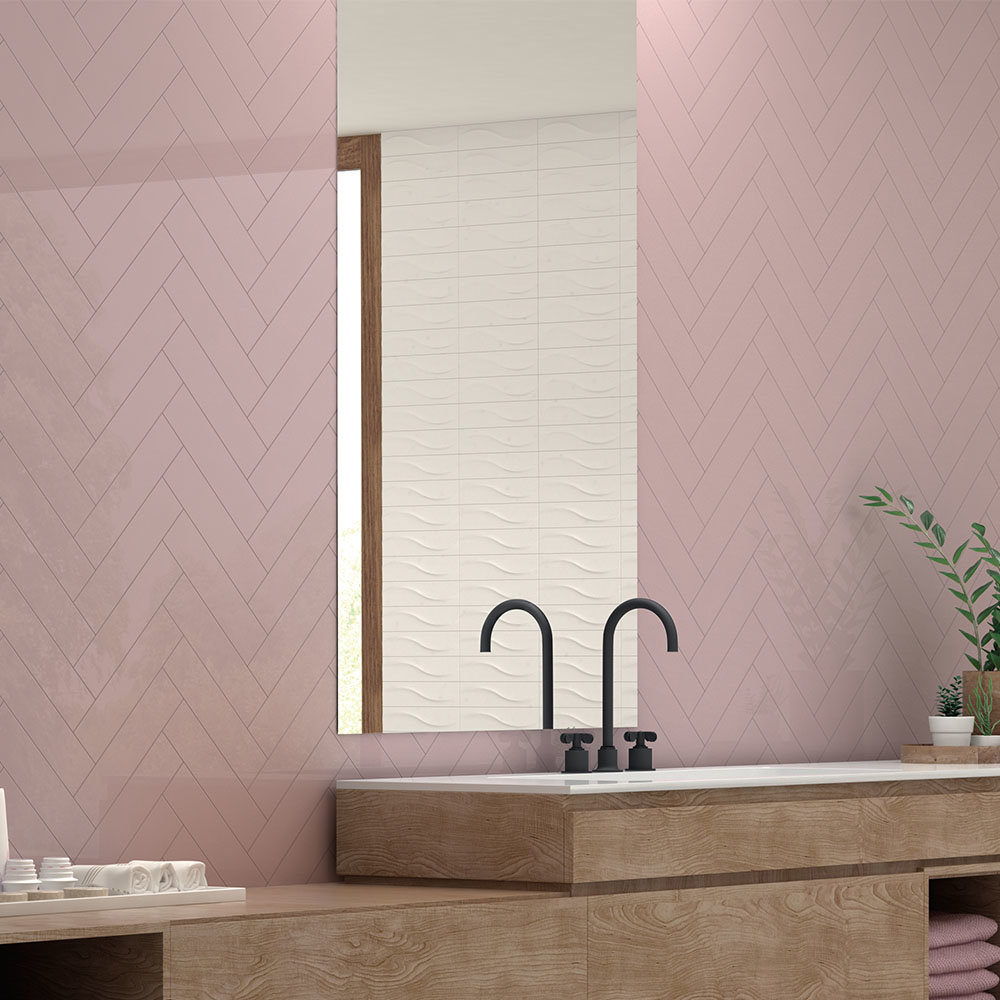 Coleford Rose Pink Chevron Effect Wall Tiles - 300 x 75mm