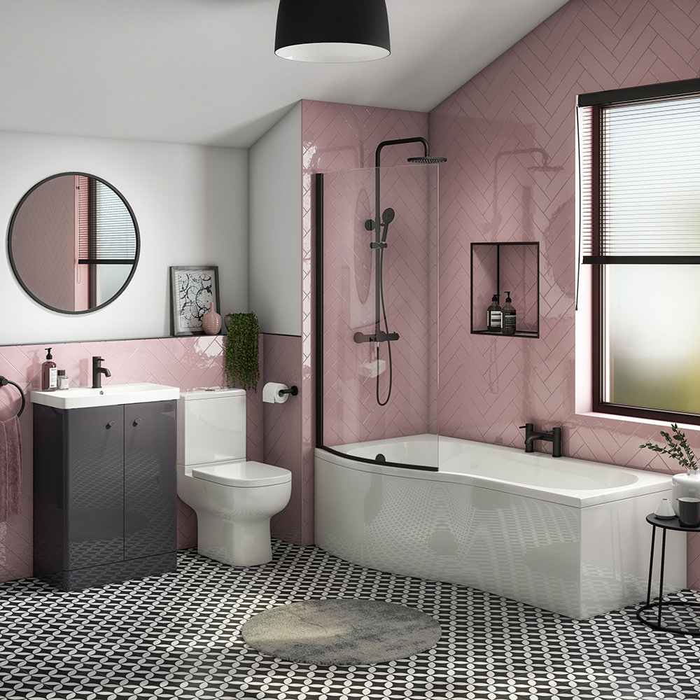 Cruze B-Shaped Shower Bath Suite - 1700mm with Gloss Grey Vanity Unit ...