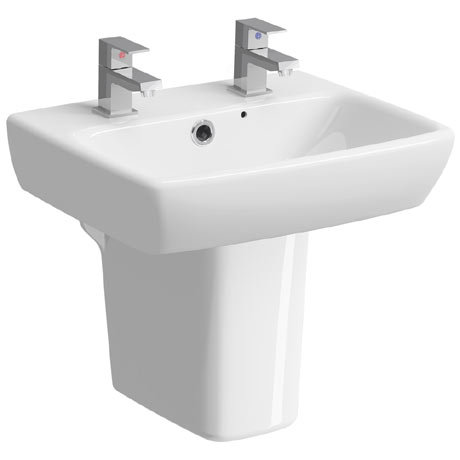 Twyford E100 Square 450mm 2TH Handrinse Basin & Semi Pedestal