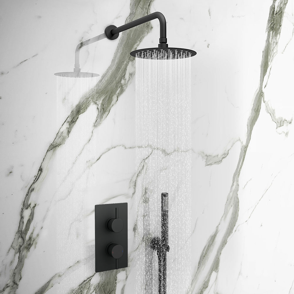 Arezzo Matt Black Round Thermostatic Shower Pack with Head + Handset ...