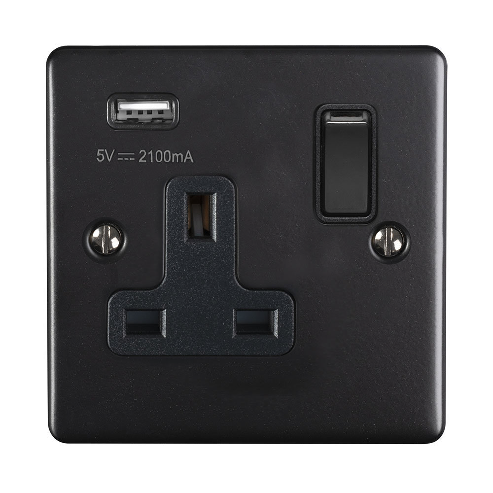 Revive 1 Gang Switched Socket with USB - Matt Black | Victorian Plumbing UK