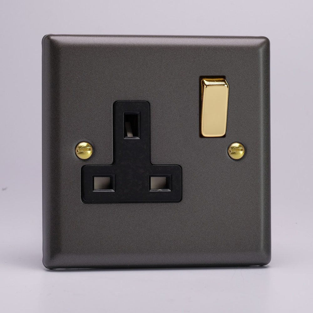 Revive 1 Gang Switched Socket - Slate Grey/Brass - RVS1SB