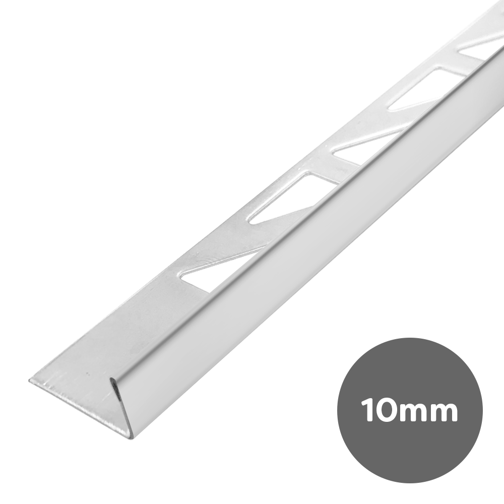 Shiny Silver 10mm L-Shape Metal Tile Trim | Victorian Plumbing UK