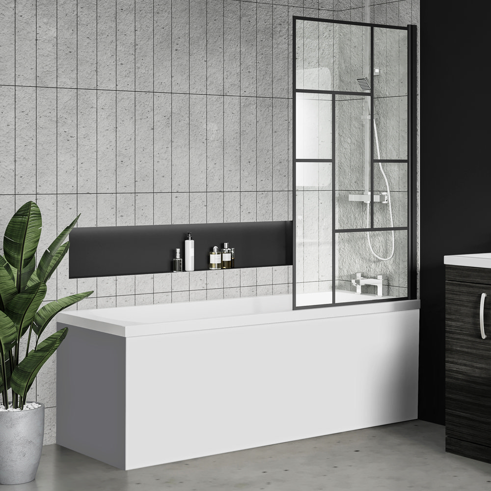 Venice Abstract Matt Black Grid Bath Screen with Square Single Ended ...
