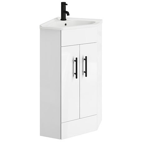 Venice Corner Gloss White Cabinet Vanity Unit with Matt Black Handles ...