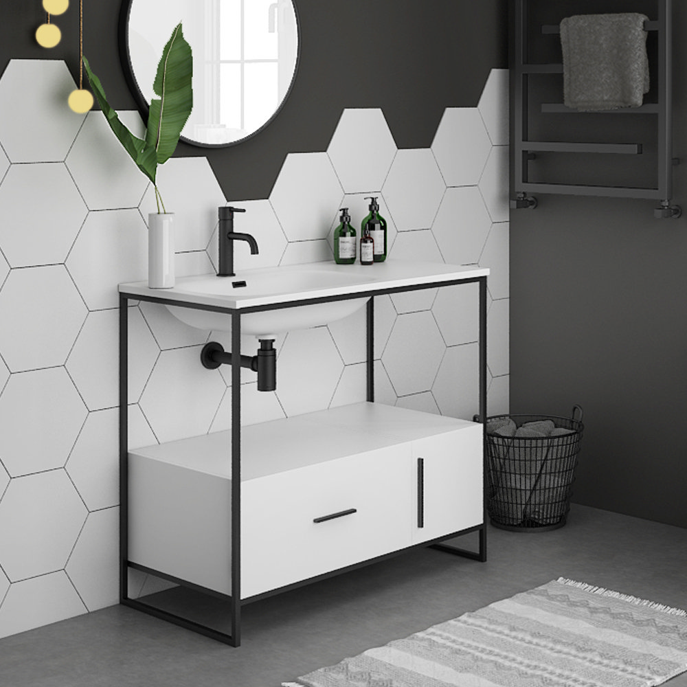 Venice Black Frame Basin Washstand - 1 Drawer, 1 Cupboard inc. 900mm ...