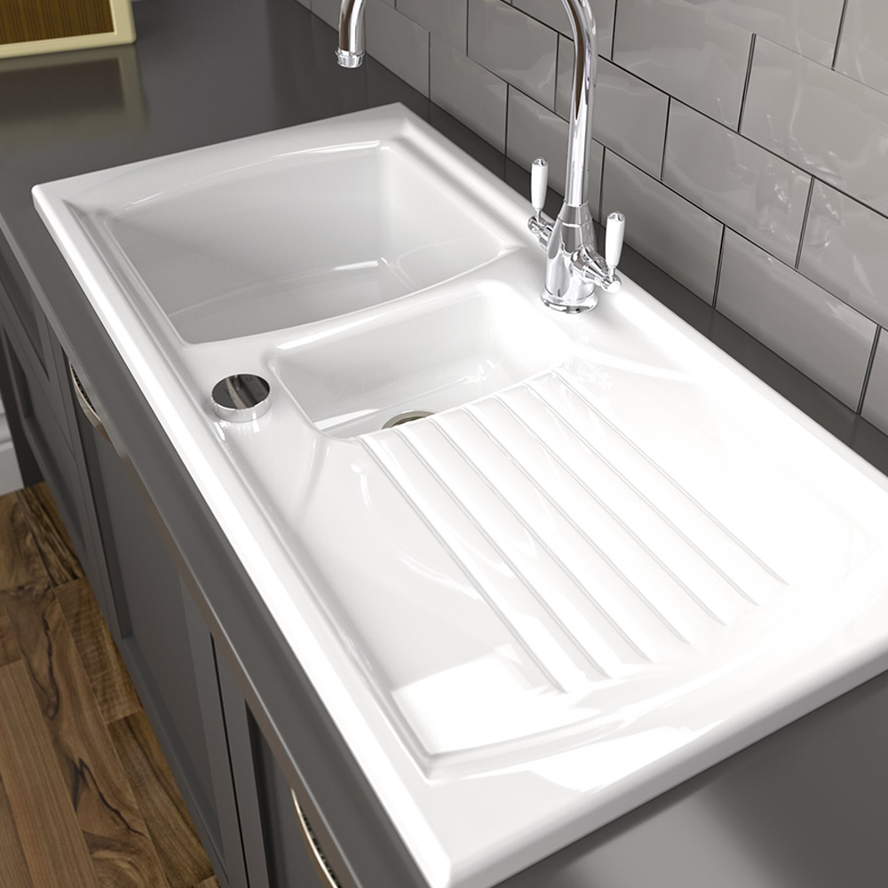 Abode Milford 1.5 Bowl Ceramic Inset Kitchen Sink with Waste and Trap