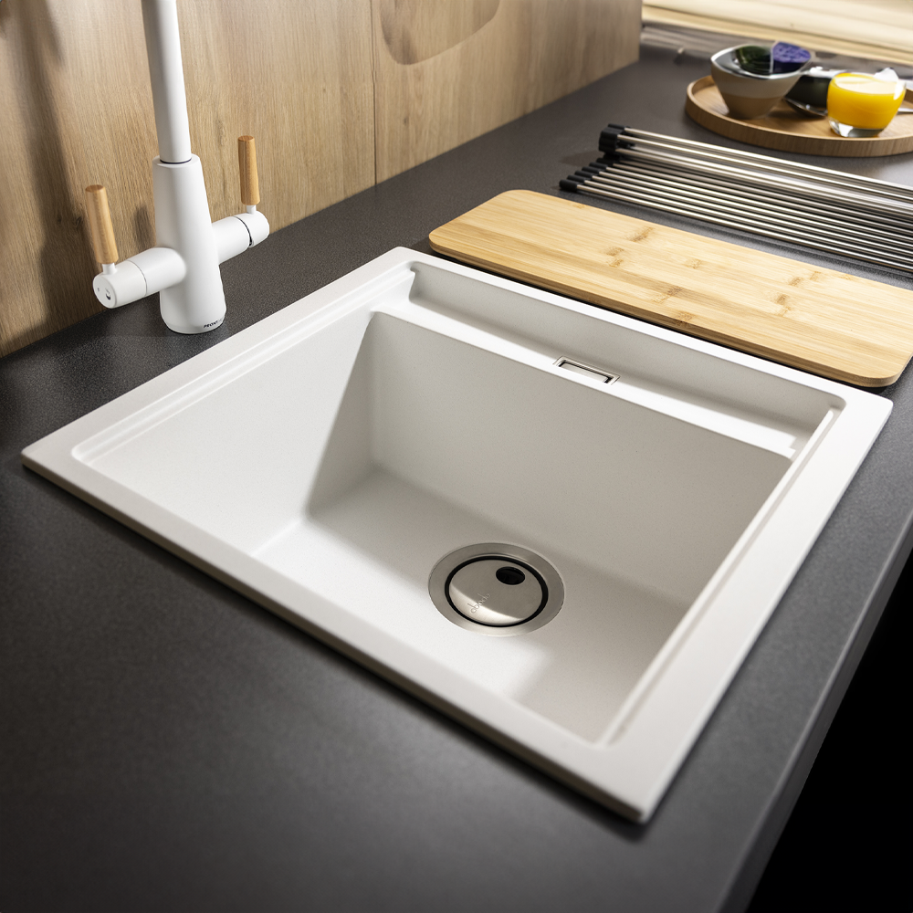 Abode Syncronist Compact 427 x 460mm 1.25 Bowl White Granite Kitchen ...