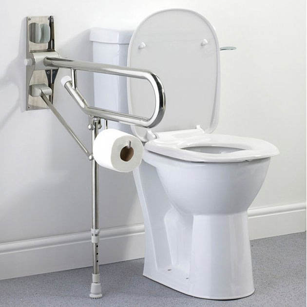 AKW Fold-Up Toilet Support Grab Rail with Adjustable Leg - Stainless Steel
