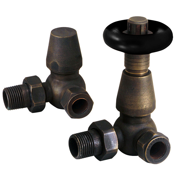 Chatsworth Rustic Brass & Black Thermostatic Corner Radiator Valves ...