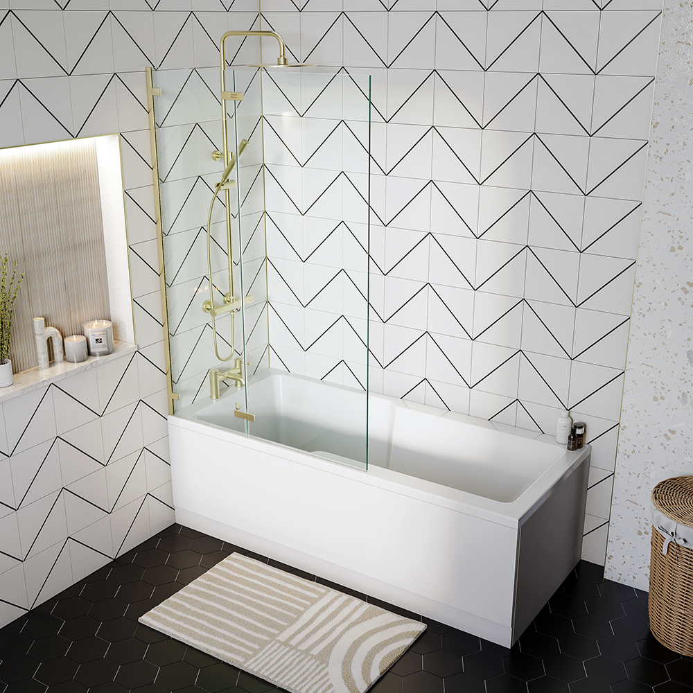 Arezzo 10mm Easy-Clean Double Panel Hinged Bath Screen Brushed Brass ...