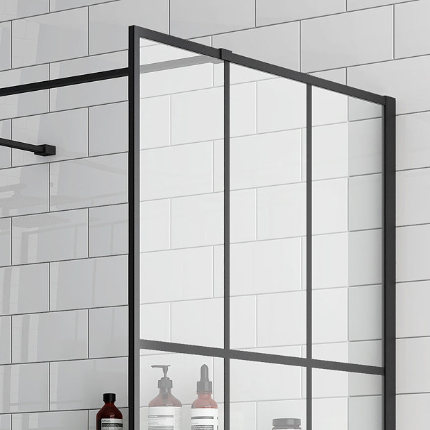Arezzo 1400 x 900 Matt Black Grid Wet Room (Inc. Screen, Side Panel + Tray) | Victorian Plumbing UK