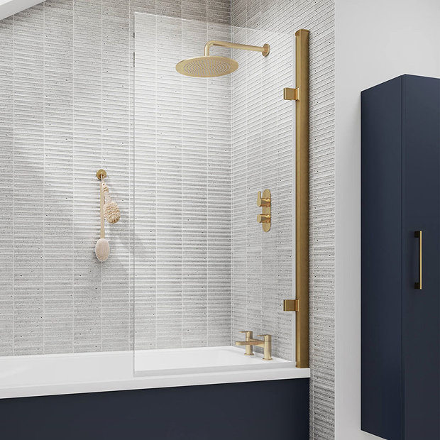 Arezzo 1520 x 830 Brushed Brass 8mm Glass Hinged Bath Screen - AZ8BBHS