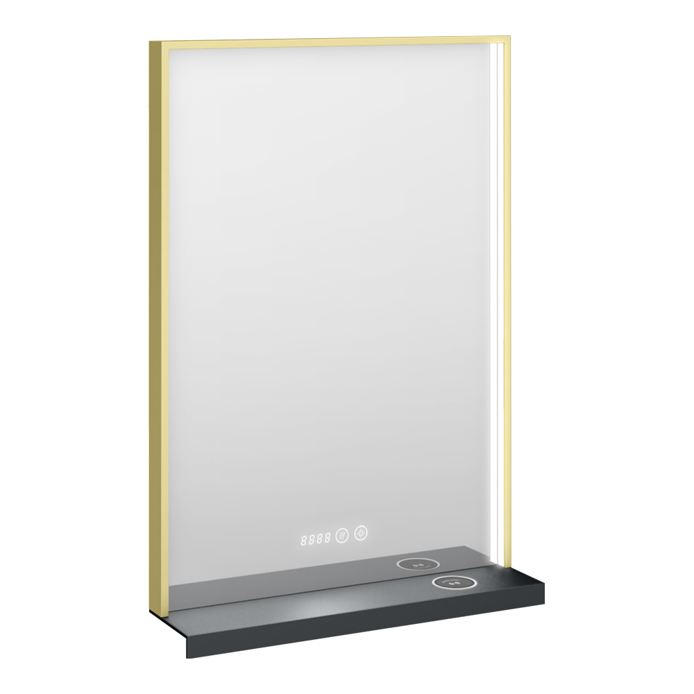 Arezzo 500 x 700 Brushed Brass LED Mirror with Wireless Charging Shelf, Anti-Fog, Touch Sensor ...