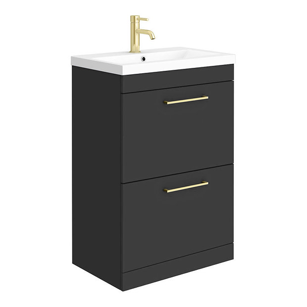Arezzo 600 Matt Black Floor Standing 2-Drawers Vanity Unit with Brushed ...