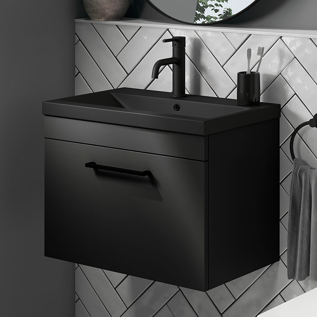Arezzo 600 Matt Black Wall Hung Vanity Unit with Matt Black Basin ...