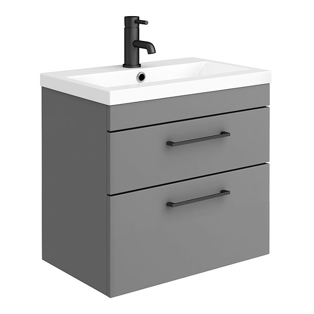 Arezzo 600 Matt Grey Wall Hung 2-Drawers Vanity Unit with Matt Black ...