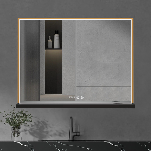 Arezzo 800 x 600 Brushed Brass LED Mirror with Wireless Charging Shelf ...