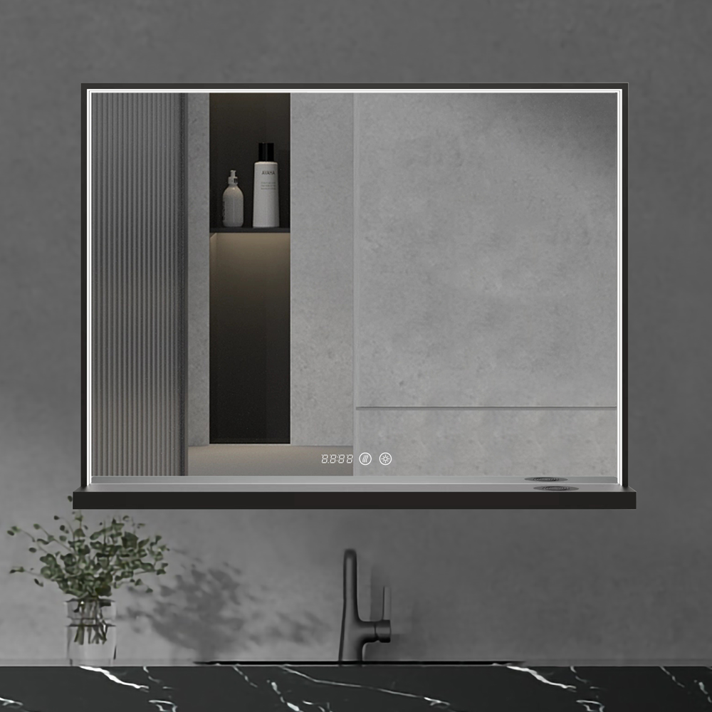 Arezzo 800 x 600 Matt Black LED Mirror with Wireless Charging Shelf ...