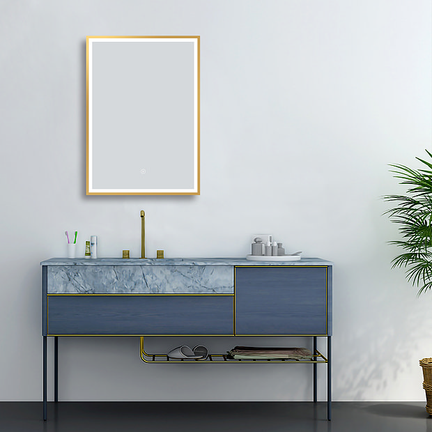 Arezzo Brushed Brass 500 x 700mm Rectangular LED Illuminated Anti-Fog Bathroom Mirror