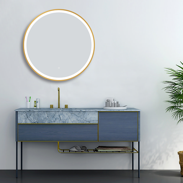 Arezzo Brushed Brass 700mm Round LED Illuminated Anti-Fog Bathroom Mirror