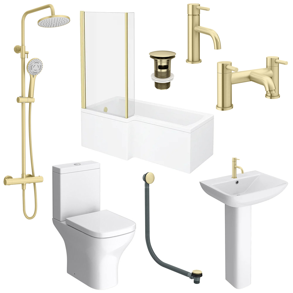Arezzo Brushed Brass Complete Modern Bathroom Package (incl. L-Shaped ...