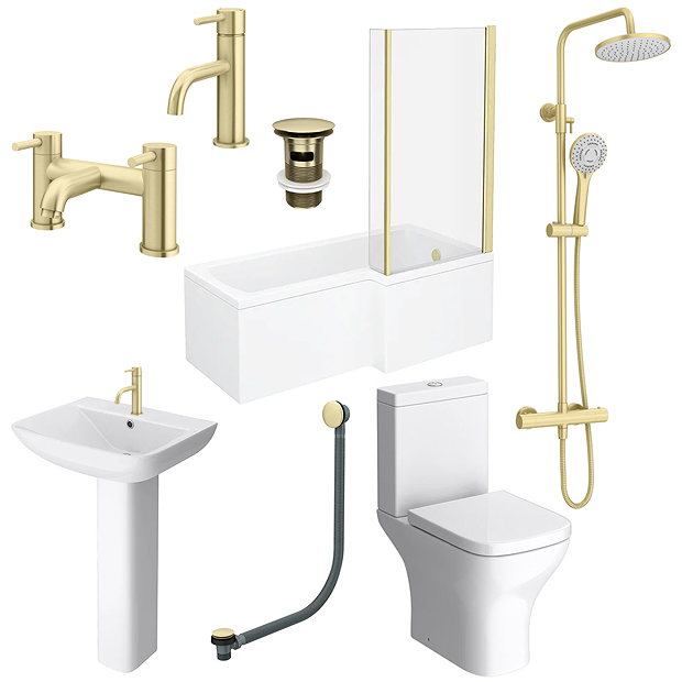 Arezzo Brushed Brass Complete Modern Bathroom Package (incl. L-Shaped ...