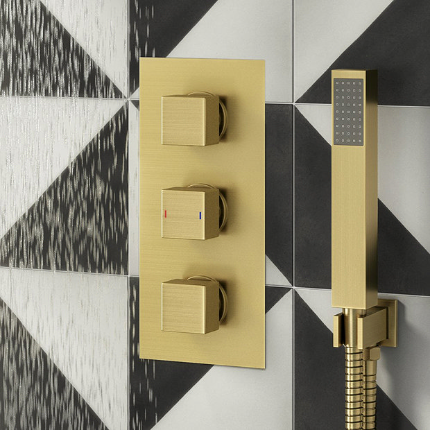 Arezzo Brushed Brass Square Triple Thermostatic Shower Pack with 300mm ...