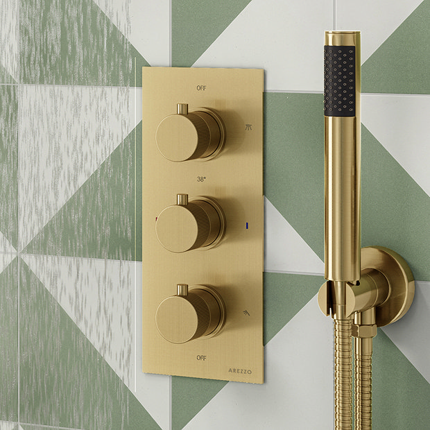 Arezzo Fluted Brushed Brass Round Thermostatic Shower Pack with Head ...