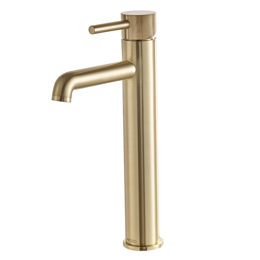 Arezzo Fluted Round Brushed Gold High Rise Mono Basin Mixer Tap ...