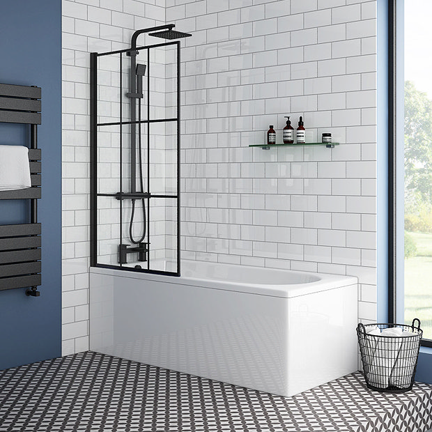 Arezzo Matt Black Grid Bath Screen with Curved Single Ended Bath ...