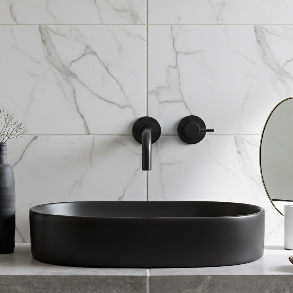 Arezzo Matt Black Oval Ceramic Counter Top Basin (600 x 380mm ...