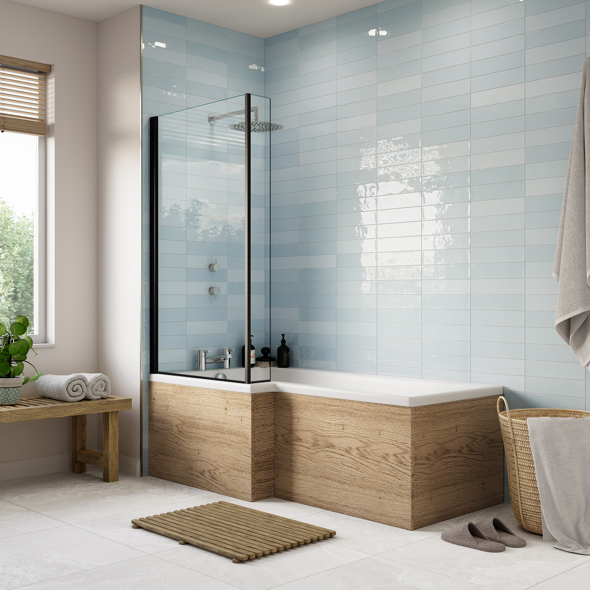 Arezzo Rustic Oak Shower Bath - 1700mm L Shaped with Matt Black Screen ...