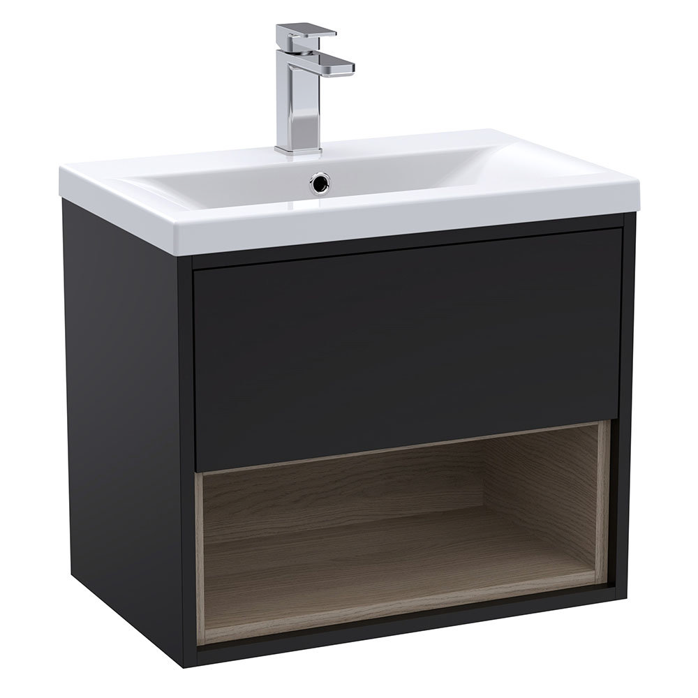 Arezzo Senza 600mm Matt Black / Vicenza Oak Wall Hung Vanity Unit with ...