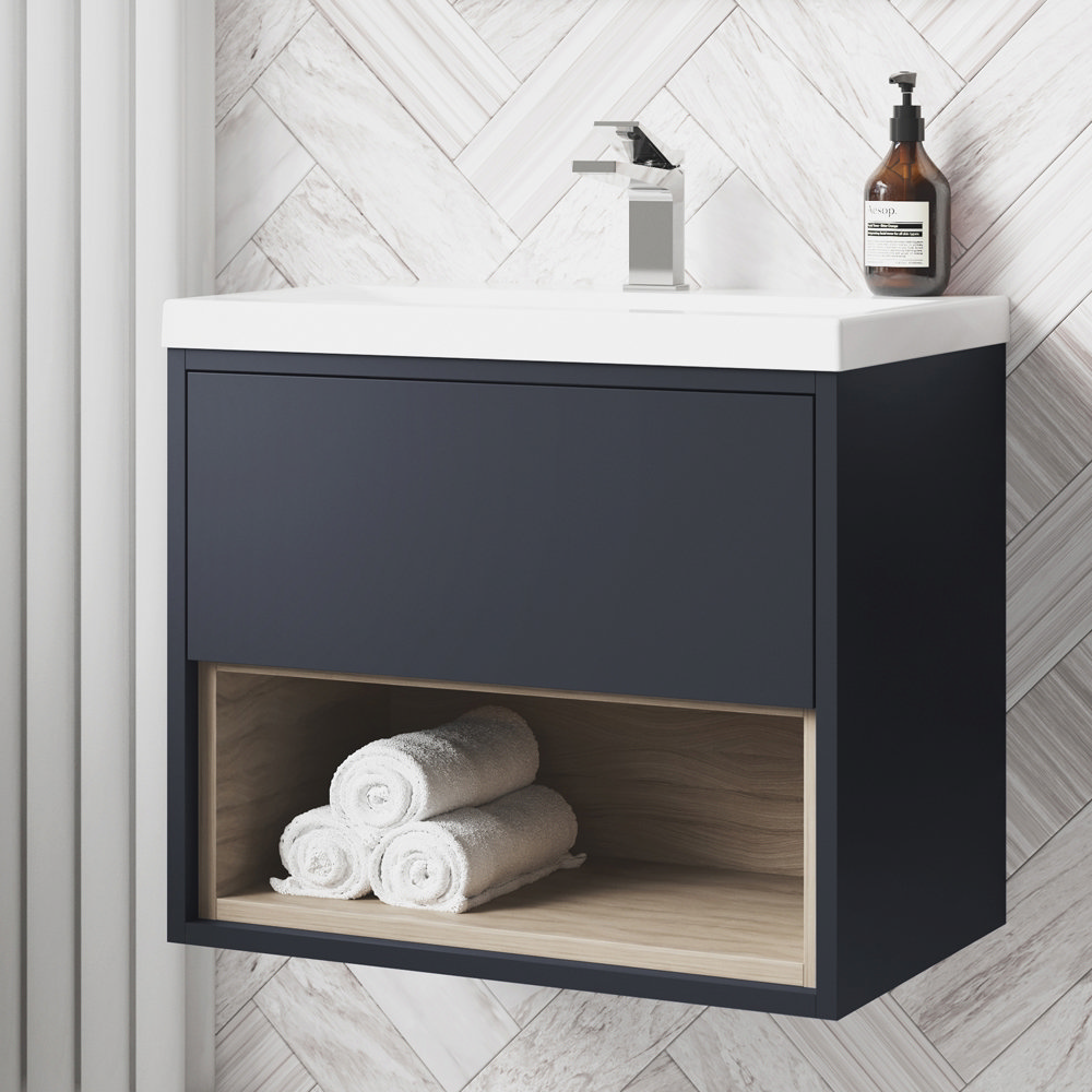 Arezzo Senza 600mm Matt Blue / Vicenza Oak Wall Hung Vanity Unit with ...