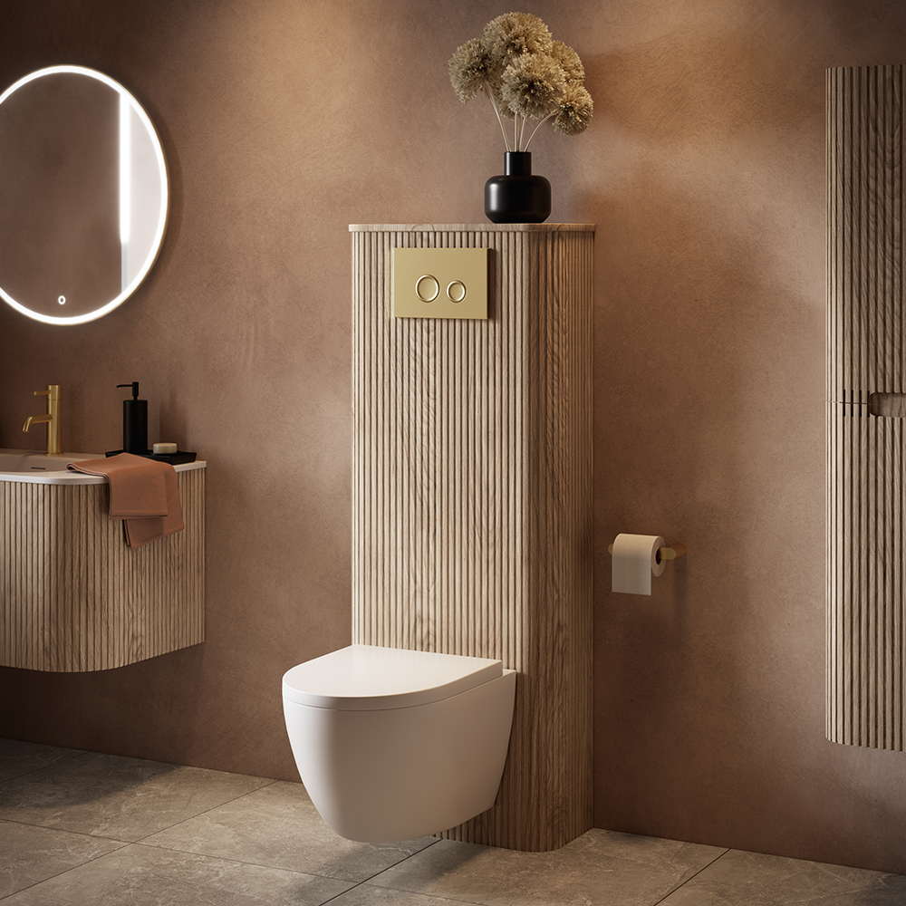 Arezzo Slatted Light Oak Tall WC Unit with Cistern Frame, Brushed Brass ...