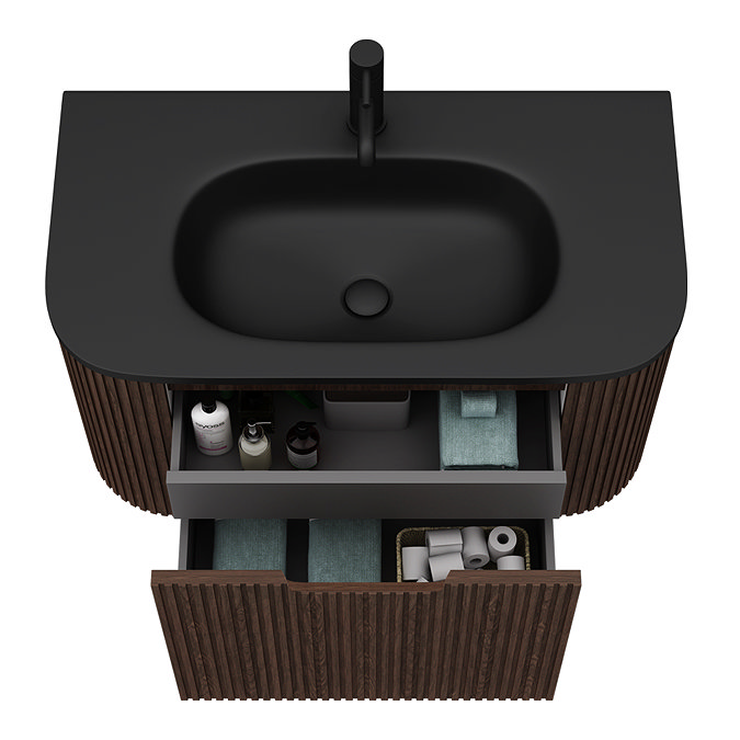 Arezzo Slatted Walnut 900 Wall Mounted Curved Vanity Unit with Matt ...