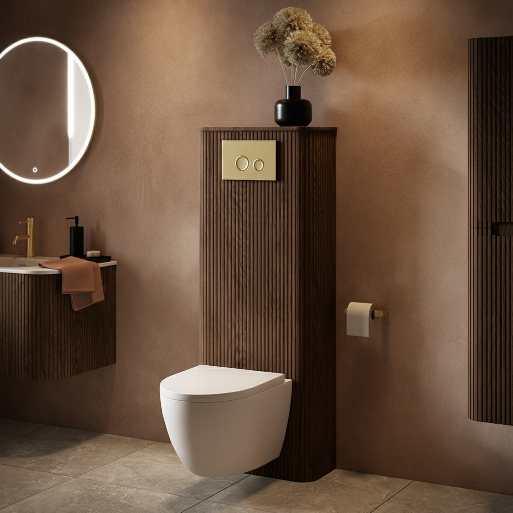 Arezzo Slatted Walnut Tall WC Unit with Cistern Frame, Brushed Brass ...