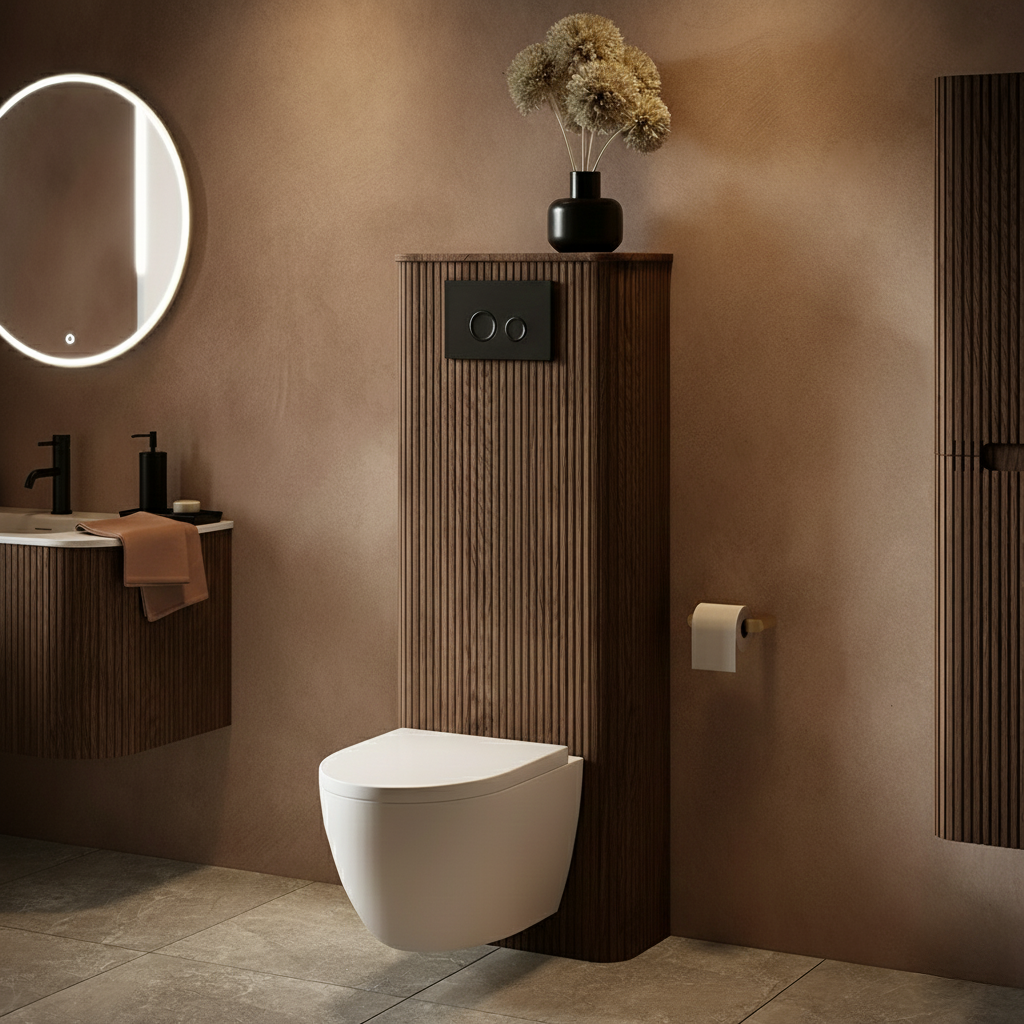 Arezzo Slatted Walnut Tall WC Unit with Cistern Frame, Chrome Flush ...
