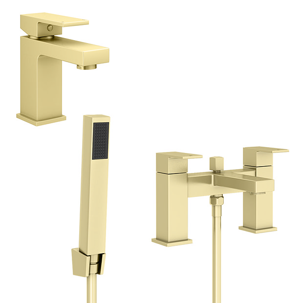 Arezzo Square Brushed Brass Tap Package (Bath Shower Mixer + Basin Tap)