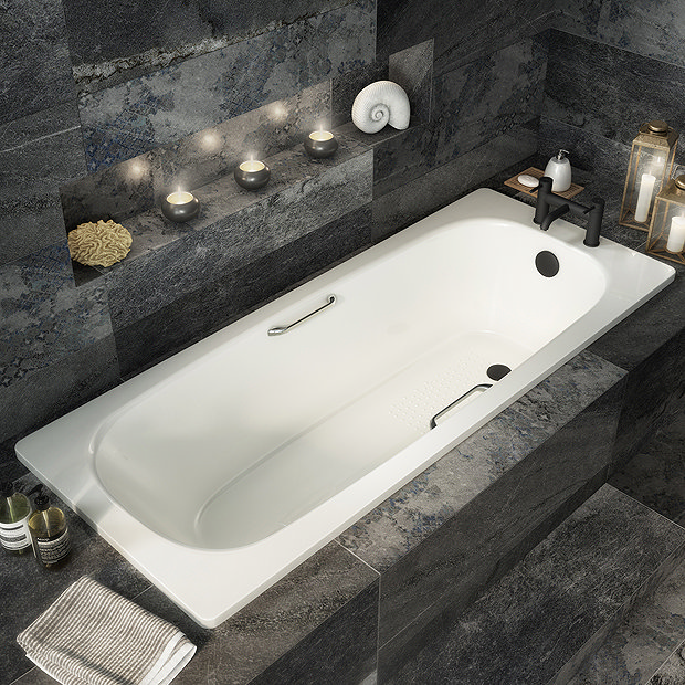 Aurora 1600 x 700mm 2TH Steel Enamel Bath with Grips + Anti Slip