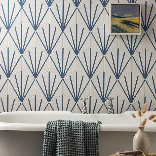 Belmont Hexagon White with Blue Lines Wall and Floor Tiles