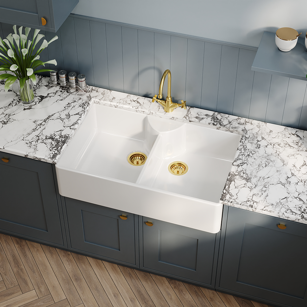 Bower Double Bowl White Ceramic Belfast Sink with Stepped Weir 895 x ...