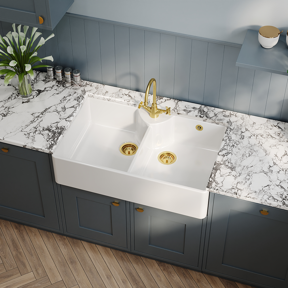 Bower Double Bowl White Ceramic Belfast Sink with Stepped Weir ...