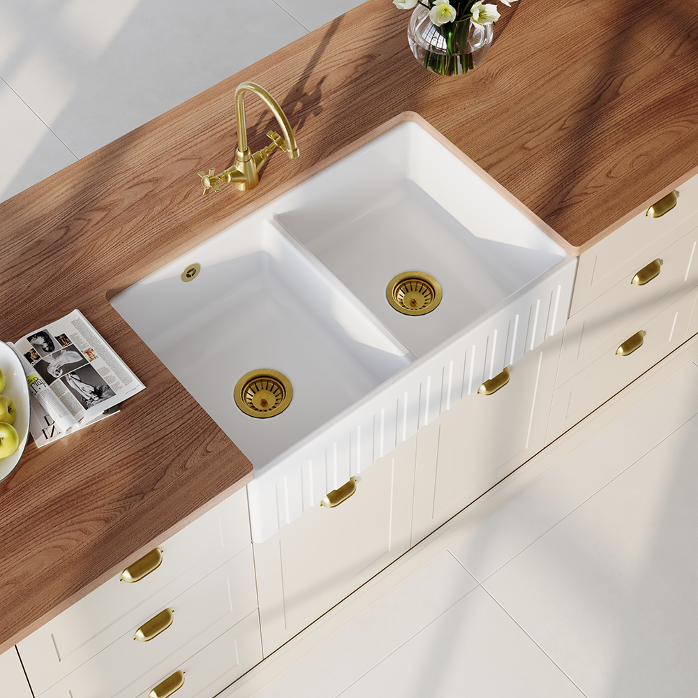 Bower Fluted Double Bowl White Ceramic Belfast Sink with Stepped Weir ...
