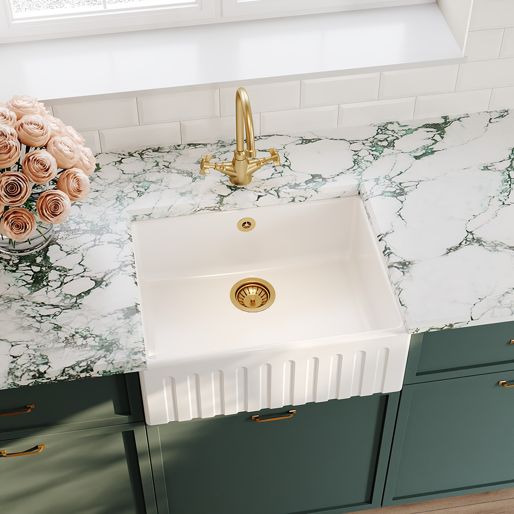 Bower Fluted White Ceramic Belfast Sink with Overflow 595 x 450 x 220mm